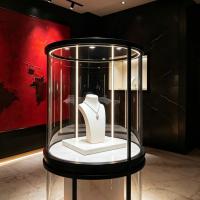 China Wooden Jewelry Display Counter with Secure Key Lock Marble Tabletop and Hidden LED Strip Lighting for sale