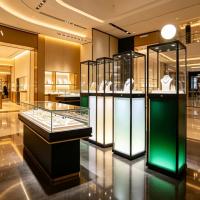 China Luxury Front Showcase with Soft-Close Mechanism and Five Adjustable Glass Shelves in Mahogany Brown for sale