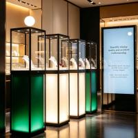China Luxury Front Showcase with Soft-Close Mechanism and Five Adjustable Glass Shelves in Mahogany Brown for sale