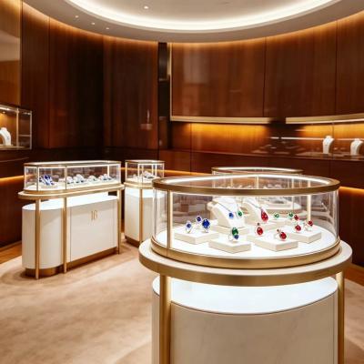 China Customized Overall Dimensions Wooden Island Display Shelf with Built-In Storage Drawers and Luxury Velvet Display Trays for sale