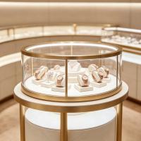 China Customized Overall Dimensions Wooden Island Display Shelf with Built-In Storage Drawers and Luxury Velvet Display Trays for sale