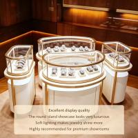 China Customized Overall Dimensions Wooden Island Display Shelf with Built-In Storage Drawers and Luxury Velvet Display Trays for sale