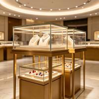 China Luxury Front Showcase with 5 Adjustable Glass Shelves Secure Magnetic Lock and LED Lighting for Clothing Display for sale