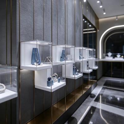 China Artificial Stone Finish Jewelry Counter with White LED Luminous Base and Secure Lock With Key for Elegant Showroom Display for sale