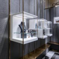 China Artificial Stone Finish Jewelry Counter with White LED Luminous Base and Secure Lock With Key for Elegant Showroom Display for sale