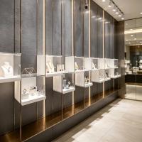 China Artificial Stone Finish Jewelry Counter with White LED Luminous Base and Secure Lock With Key for Elegant Showroom Display for sale