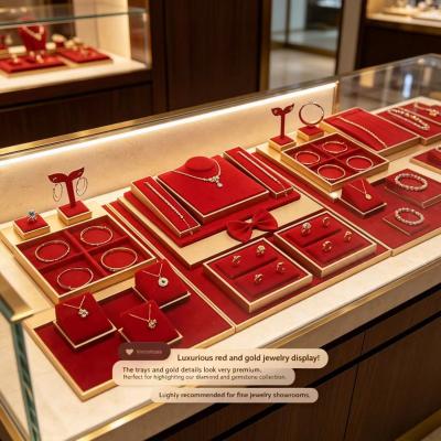 China Lockable Jewelry Display Table with Built-in LED Strip Lighting Velvet Lined Drawers and Rust-proof Gold Metal Frame for sale