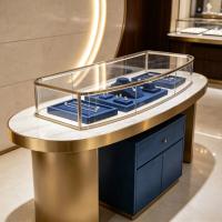 China Wooden Island Display Shelf with Explosion-proof Glass, Soft-Close Mechanism, and High CRI LED Lighting for sale