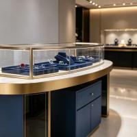 China Wooden Island Display Shelf with Explosion-proof Glass, Soft-Close Mechanism, and High CRI LED Lighting for sale