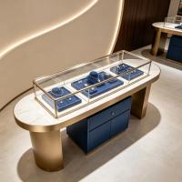 China Wooden Island Display Shelf with Explosion-proof Glass, Soft-Close Mechanism, and High CRI LED Lighting for sale