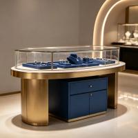 China Wooden Island Display Shelf with Explosion-proof Glass, Soft-Close Mechanism, and High CRI LED Lighting for sale