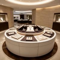 China Solid Wood and Glass Island Display Cabinet with 360° Panoramic View, High CRI LED Lighting, and Laminated Finish for sale