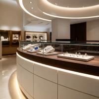 China Solid Wood and Glass Island Display Cabinet with 360° Panoramic View, High CRI LED Lighting, and Laminated Finish for sale