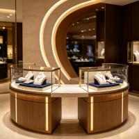 China Modern Jewelry Display Table with Tempered Glass, Built-in Dimmable LED Lighting and Velvet Lined Drawers for sale