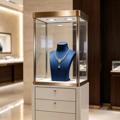 China Jewelry Display Table with Velvet Lined Drawers, Built-in Dimmable LED Lighting, and Rust-proof Gold Metal Frame for sale
