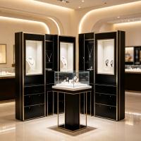 China Tempered Glass Jewelry Display Table with Built-in LED Strip Lighting and Velvet Lined Drawers for sale