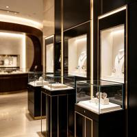China Tempered Glass Jewelry Display Table with Built-in LED Strip Lighting and Velvet Lined Drawers for sale