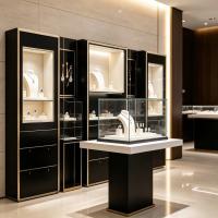 China Tempered Glass Jewelry Display Table with Built-in LED Strip Lighting and Velvet Lined Drawers for sale