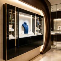 China Tempered Glass Jewelry Display Table with Built-in LED Strip Lighting and Velvet Lined Drawers for sale