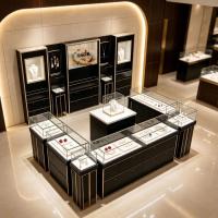China Tempered Glass Jewelry Display Table with Built-in LED Strip Lighting and Velvet Lined Drawers for sale