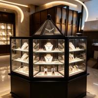 China Modern Jewelry Display Table with Built-in LED Strip Lighting, Lockable Storage, and Velvet Lined Drawers for sale
