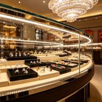 China 18K Gold-plated Metal Jewelry Display Props with Rose Gold Trim and Ultra-clear Scratch-resistant Acrylic Panels for sale