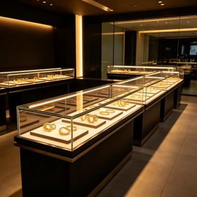 China High CRI LED Island Display Cabinet with Ventilated Back Panel and Luxury Blue Velvet Lining for Kitchen and Retail Displays for sale