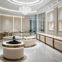 China Modern Jewelry Shop Design with Dimmable UV-free High-CRI LED Lighting, Polished Marble Flooring, and Textured Wallpaper for sale