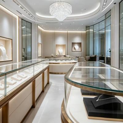 China Modern Jewelry Shop Design with Dimmable UV-free High-CRI LED Lighting, Polished Marble Flooring, and Textured Wallpaper for sale
