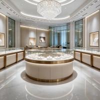 China Modern Jewelry Shop Design with Dimmable UV-free High-CRI LED Lighting, Polished Marble Flooring, and Textured Wallpaper for sale