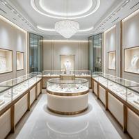 China Modern Jewelry Shop Design with Dimmable UV-free High-CRI LED Lighting, Polished Marble Flooring, and Textured Wallpaper for sale