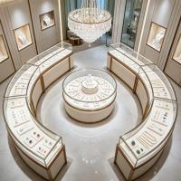 China Modern Jewelry Shop Design with Dimmable UV-free High-CRI LED Lighting, Polished Marble Flooring, and Textured Wallpaper for sale