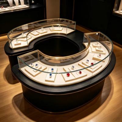 China Wood And Glass Jewelry Display Table with Built-in Dimmable LED Lighting and 12 Display Compartments Jewelry Display Stand for sale