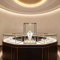 China 12 V Hidden Transformer Jewelry Shop Design with Calacatta Marble Top and Interactive Digital Displays for Jewelry Store Display for sale