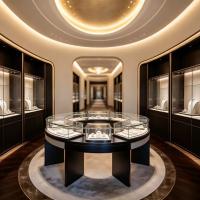China 12 V Hidden Transformer Jewelry Shop Design with Calacatta Marble Top and Interactive Digital Displays for Jewelry Store Display for sale