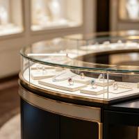 China 12 V Hidden Transformer Jewelry Shop Design with Calacatta Marble Top and Interactive Digital Displays for Jewelry Store Display for sale
