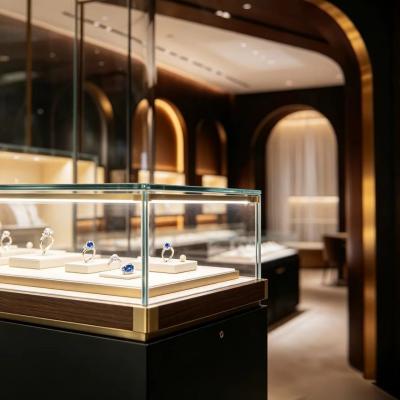 China Calacatta Marble Jewelry Shop Design with White And Gold Color Scheme and LED Spot Lights for Modern Jewelry Store Interior for sale