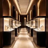 China Calacatta Marble Jewelry Shop Design with White And Gold Color Scheme and LED Spot Lights for Modern Jewelry Store Interior for sale