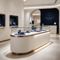 China Jewelry Shop Design with Calacatta Marble and White And Gold Finish Featuring Ample Hidden Cabinets for Jewelry Store Layout for sale
