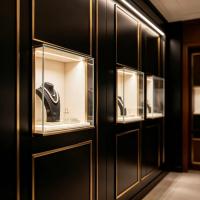 China 12 V Output Power Jewelry Shop Design with Ambient And Accent Lighting and White And Gold Color Scheme for Jewelry Store Interior for sale