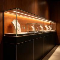 China Customized Jewelry Shop Design and Jewelry Store Layout with Calacatta Marble Top, Ample Hidden Cabinets and White and Gold Color Scheme for sale
