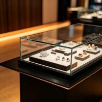 China Customized Jewelry Shop Design and Jewelry Store Layout with Calacatta Marble Top, Ample Hidden Cabinets and White and Gold Color Scheme for sale