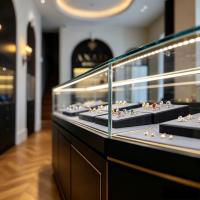 China Jewelry Counter with Hidden LED Light Strip and 4 Shelves in Matte Finish Jewelry Showcase for sale