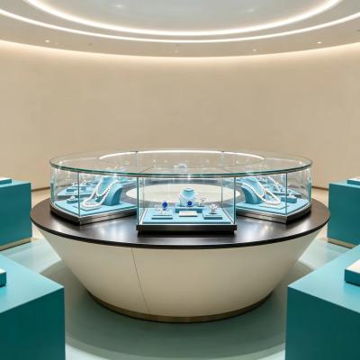China Wood And Glass Jewelry Display Table with LED Strip Lighting and Ample Hidden Storage for Retail Jewelry Display Stand for sale