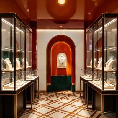 China Jewelry Shop Design with Large Secure Cabinets and Interactive Digital Displays for a Modern Jewelry Store Interior Featuring Glass With LED Lighting for sale