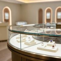 China Aluminium Frame Material Jewelry Shop Design with Calacatta Marble Top and Large Secure Cabinets for Jewelry Store Layout for sale