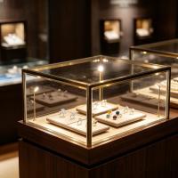China Gold Glass Jewelry Shop Design with Calacatta Marble Top and Interactive Digital Displays for Modern Jewelry Store Layout for sale
