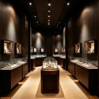 China Gold Glass Jewelry Shop Design with Calacatta Marble Top and Interactive Digital Displays for Modern Jewelry Store Layout for sale