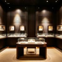 China Gold Glass Jewelry Shop Design with Calacatta Marble Top and Interactive Digital Displays for Modern Jewelry Store Layout for sale
