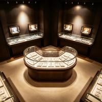 China Gold Glass Jewelry Shop Design with Calacatta Marble Top and Interactive Digital Displays for Modern Jewelry Store Layout for sale